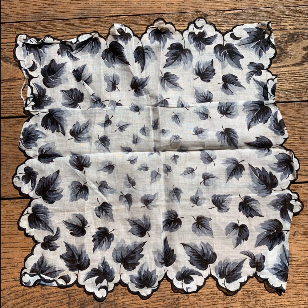 Vintage Gothic White & Black Leaves Handkerchief - Gem